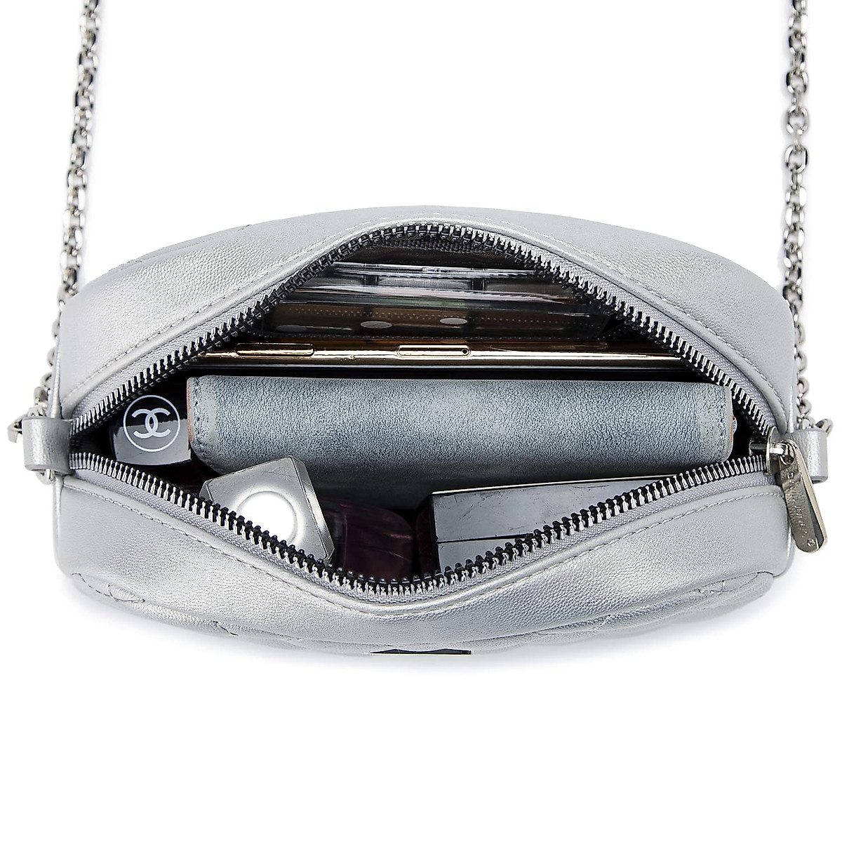David Jones Trendy Small Cute Silver Bag, Faux Leather Crossover Long Over the Shoulder Womens Purses and Handbags with Chain Strap