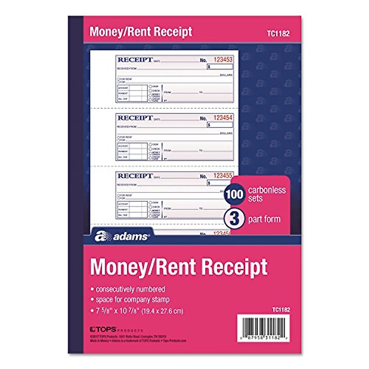 Adams TC1182 Receipt Book, 7 5/8 x 11, Three-Part Carbonless, 100 Forms