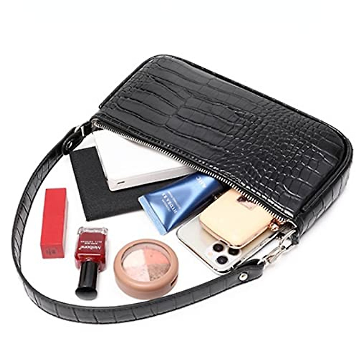 Retro Classic Crocodile Pattern Clutch Shoulder Tote HandBag with Zipper Closure Small Purse for Women (Black)