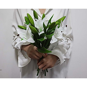 5 Bouquets Artificial Lily Flowers - Lily Fake Flower Suitable for Wedding Party Home Garden Dining Table Shop Decoration Photography Props (White)