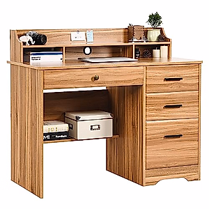 Computer Desk with 4 Drawers and Storage, Small Office Desk with File Drawers and Hutch, Farmhouse Wood Writing Student Table for Home Office, Bedroom, Rustic Brown