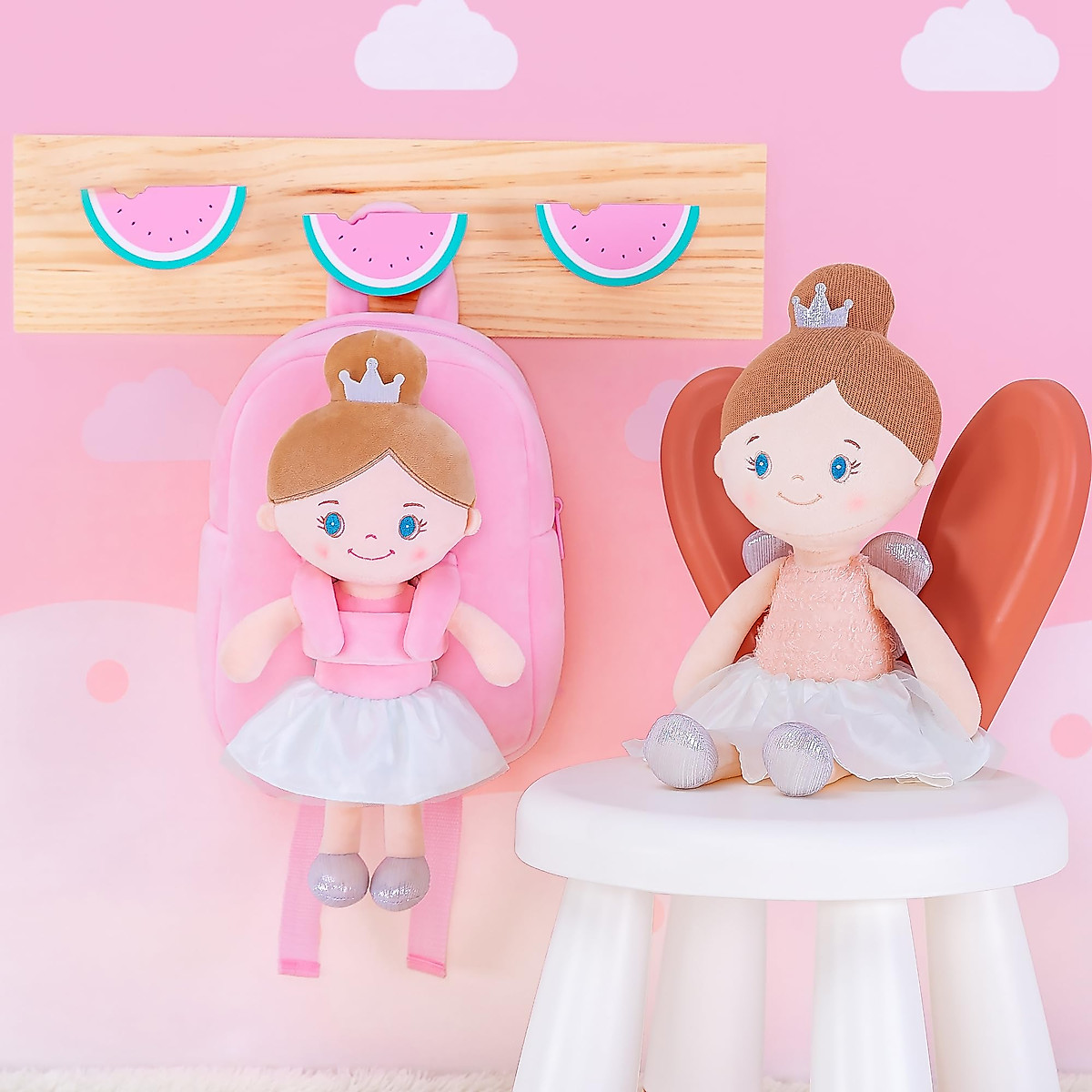 Gloveleya Toddler Backpack with Rag Doll Baby Gifts Angel Girl Pink 9 Inches