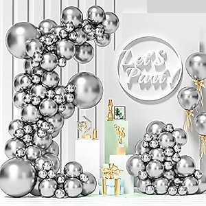 ZOPIBAICO Silver Metallic Chrome Latex Balloon Garland Kit, 101PCS 18In 12In 10In 5In Arch Garland For Baby Shower,Picnic,Wedding, Anniversary Celebration Decoration With 33FT Ribbon