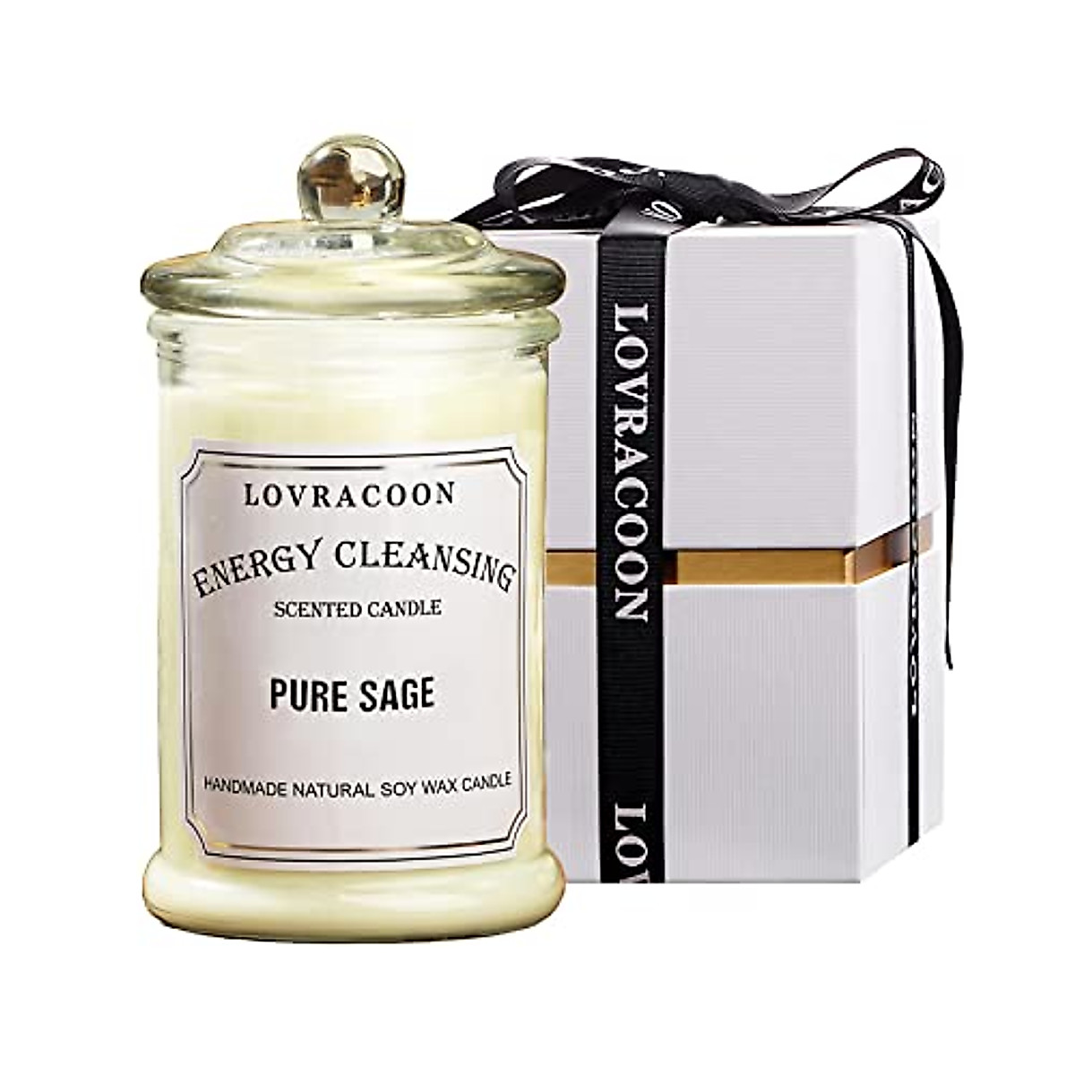 Lovracoon Pure Sage Smudge & Long Lasting Burning Jar Candle for House Energy Cleansing, Negative Energy Purification and Chakra Healing, Natural Soy Wax Jar Candle with Gift Box（White Sage,Large）