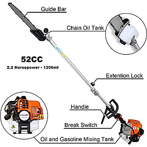 Cordless Gas Petrol Hedge Trimmer Brush Cutter 4 in 1 Multi-Functional Trimming Tool, 52CC 2-Cycle Full Crank Shaft Garden Tool System with Gas Pole Saw, Hedge Trimmer, Grass Trimmer and Brush Cutter