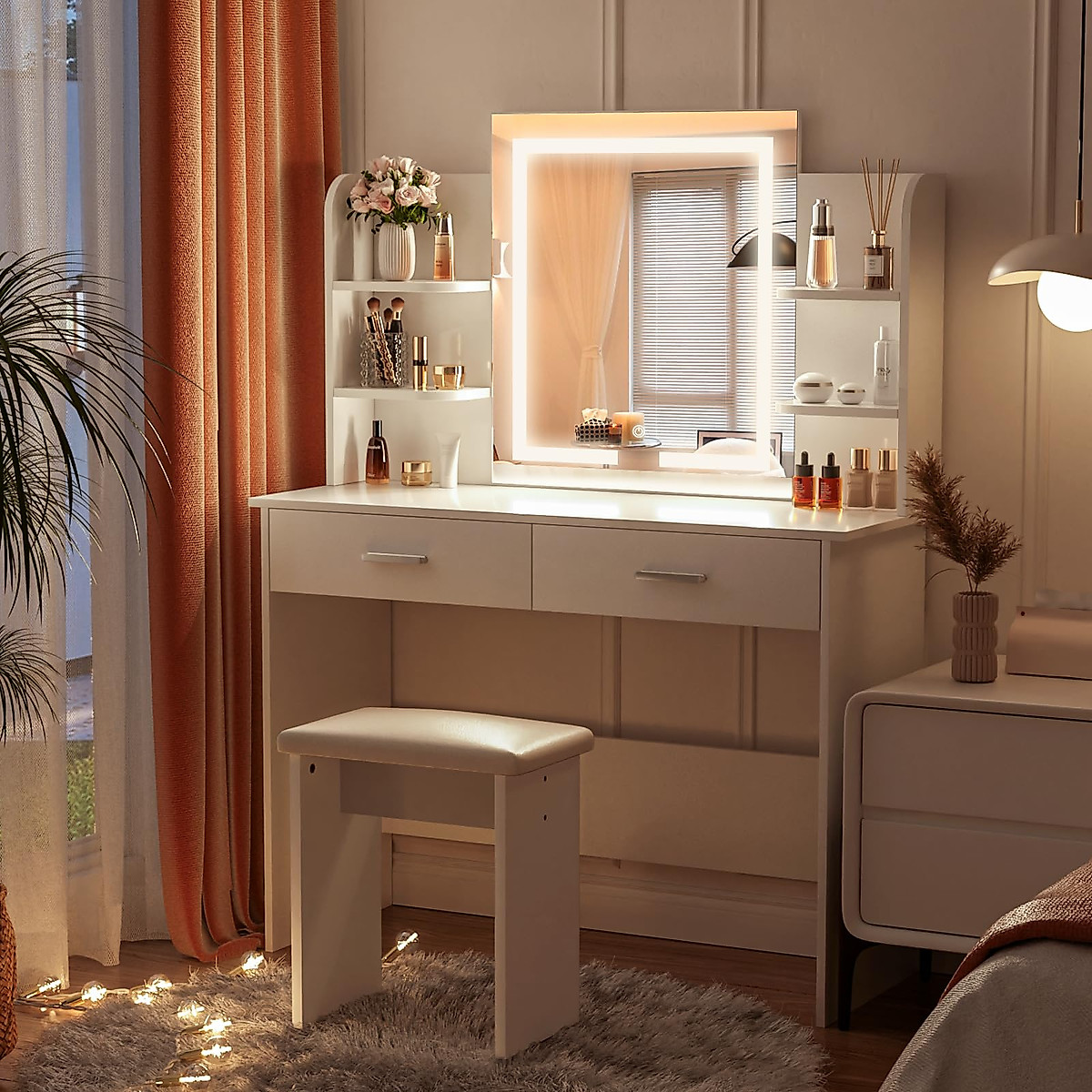 SMOOL Vanity Desk with Lighted Mirror - Makeup Vanity Table with 3 Color Light Options Adjustable Brightness, Vanity with 6 Storage Shelves, 2 Large Drawers, Vanity Set for Girls Women, White