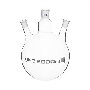 EISCO Distilling Flask, 2000ml - 3 Parallel Necks, 29/32 Center, 19/26 Side Sockets Interchangeable Ground Joints Round Bottom Borosilicate Glass- Eisco Labs