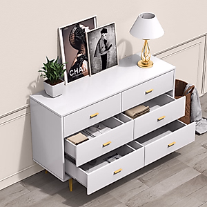 JOZZBY White Dresser, 6 Drawer Dresser for Bedroom with Wide Drawers and Metal Handles, Modern Wood Storage Chest of Drawers for Living Room Hallway Entryway