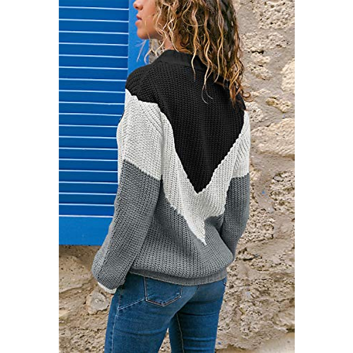 Acelitt Women's Ladies Winter Casual Warm Thick Long Sleeve Crewneck Color Block Contrast Knit Pullover Sweaters Tops Jumpers Black Large