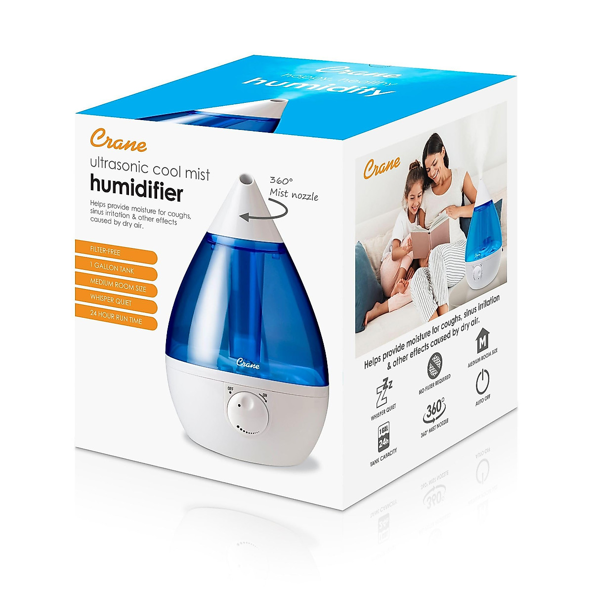 Crane Ultrasonic Humidifiers for Bedroom and Office, 1 Gallon Cool Mist Air Humidifier for Large Room and Home, Humidifier Filters Optional, Blue and White