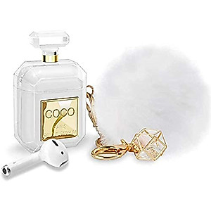 AirPods Case Cute with Keychain & Fur Ball Perfume Design Silicone Soft Shockproof AirPods 2 Case Cover for Girls and Women - Gold