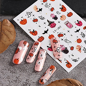 Halloween Nail Art Stickers Cute Ghost Pumpkin 3D Self-Adhesive Nail Decals Bat Cat Skull Designs Nail Decorations Halloween DIY Manicure Supplies for Women Girls&Kids 6Pcs