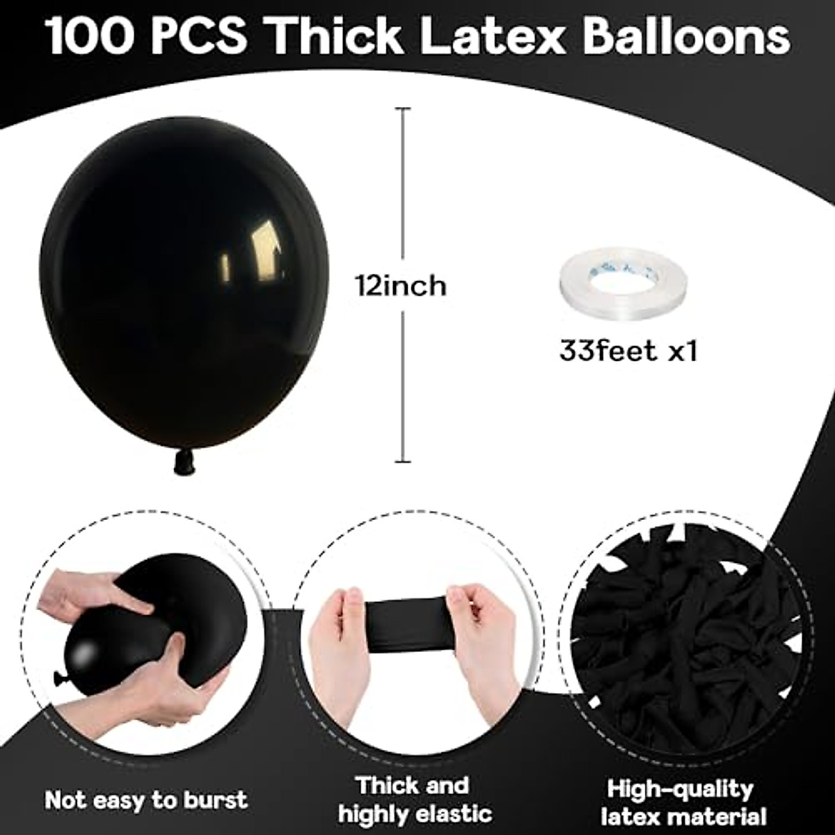 Jobkoo Black Balloons 12 Inch, 100 Pack Black Balloon Matte Black Latex Balloons for Arch Black Party Helium Balloons for Birthday Wedding Baby Shower Halloween New Year Graduation Party Decorations
