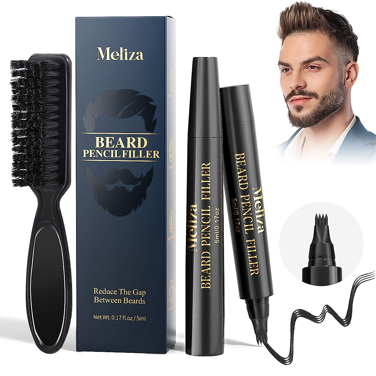 Beard Pencil Filler,Meliza Beard Pen,Waterproof Proof & Sweat Proof,Beard Pencil Filler for Men Long Lasting Coverage Natural Finish Beard Pencil (Black)