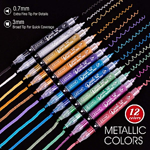 ZEYAR Dual Tip Acrylic Paint Pens 12 Metallic Colors, Board and Extra Fine Tips, Patented product, Water Based Acrylic & Waterproof Ink (12 Metallic Colors)
