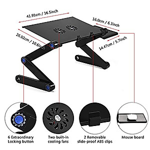 Portable Laptop Stand, 360 Degree Adjustable Foldable Computer Tablet Notebook Table Desk Holder Rack with Mouse Tray for Bed Red (Black-Dual Fan)
