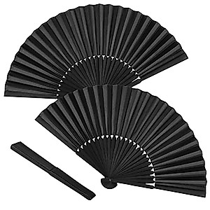 Minelife 2 Pack Bamboo Silk Folding Fan Handheld, Chinese Vintage Retro Fabric Fans, Black Hand Fan for Performance, Dance, Fighting, Wedding, Church, Party & Gift
