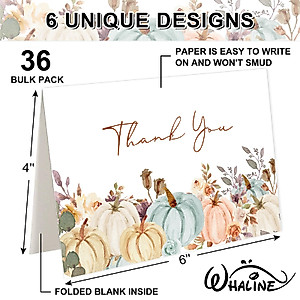 Whaline 36 Pack Fall Thank You Cards Watercolor Pumpkin Floral Greeting Cards Blank Note Cards with Envelope & Stickers for Autumn Thanksgiving Party Supplies, 4 x 6 Inch