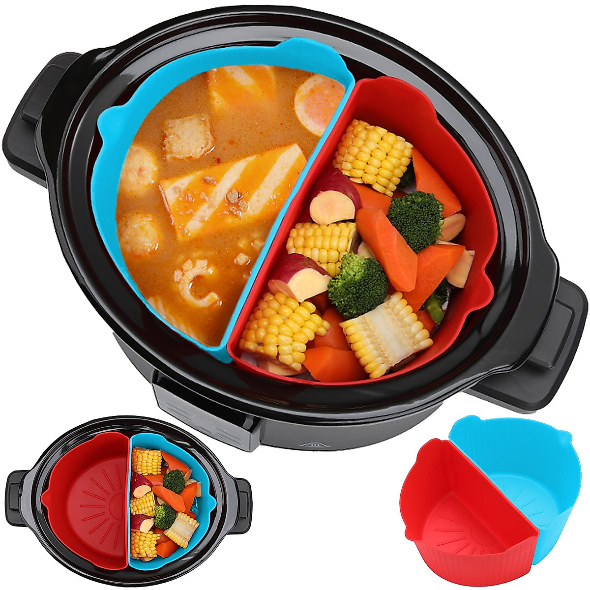 Slow Cooker Liners,LYHOLKEER Silicone Slow Cooker Liner for 6 QT Crockpot & Hamilton Beach,2 IN1 Reusable Slow Pot Divider Insert,Leakproof & Dishwasher Safe, BPA Free (Red+Blue)