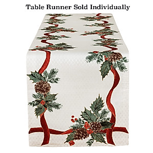 Lintex Evergreen Garland Double Ribbon Bordered Cottage Christmas Tablecloth, Holly and Pine Cone Country Xmas Holiday Easy Care Fabric Tablecloth, 52 Inch x 52 Inch Square