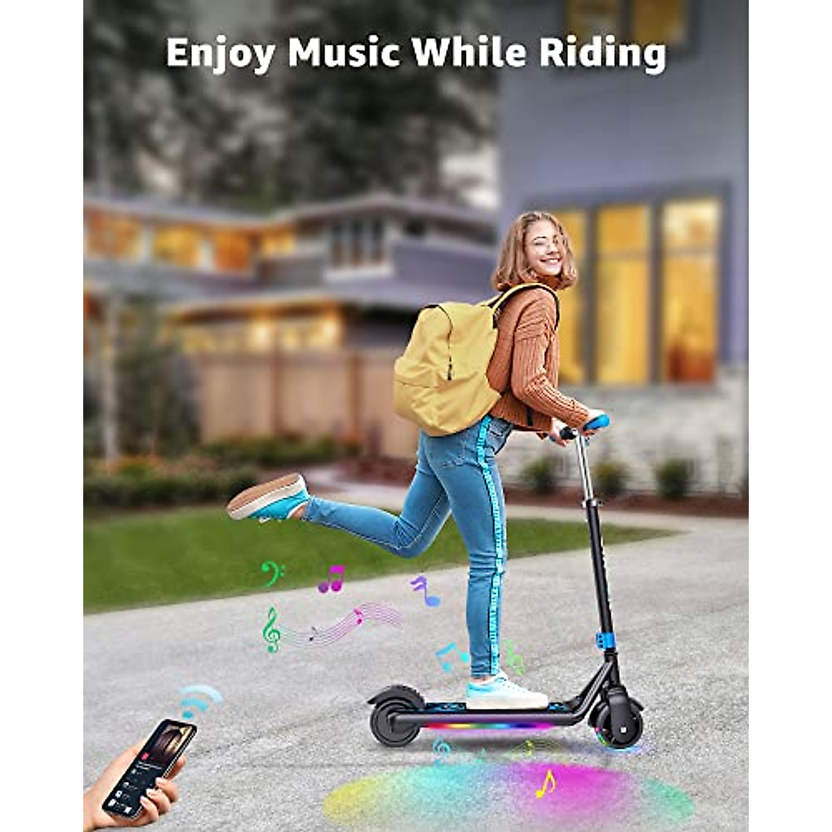 Gyroor Electric Scooter for Kids, 10 Miles Distance, 150W Motor, Bluetooth Music, Dual Brake System, Adjustable Height and Speed, Electric Scooter for Kids Ages 8-12, Ideal Gifts, Blue
