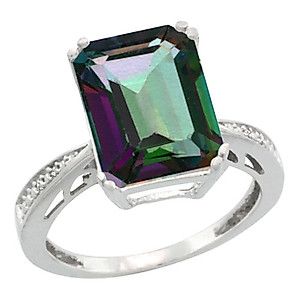 Sterling Silver Diamond Mystic Topaz Ring Emerald-cut 12x10mm, 1/2 inch wide, size 7