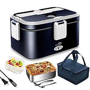 Andvon Electric Lunch Box 80W Food Heater, 1.8L Larger Capacity Heated Lunch Boxes for Adults, 3-In-1 Portable for Car & Home/Office,Heatable Lunch Box with Fork&Spoon,Carry Bag