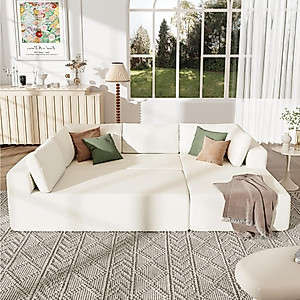 VnndeNest 135" Modular Sectional Couch, Comfy Chenille Fabric Floor Sofa, Minimalist Sectional Sofa with Chaise Lounge, Free Combination Foam-Filled Sleeper Sofa for Living Room, Salon,3 Pieces, Beige