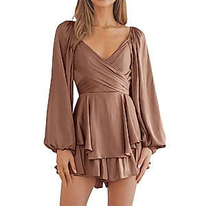 Womens Rompers Off Shoulder Ruffle Hem Short Dress Baggy Bubble Long Sleeve Sexy Flowy Backless Jumpsuit