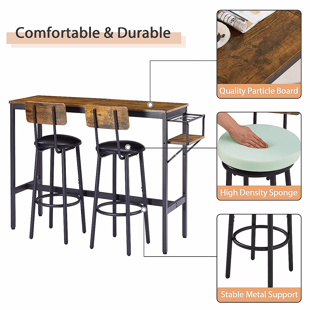 GNIXUU Bar Table and Chair Set for 2, 3-Piece Wooden Pub Dining Set with Folding Wine Rack, Industrial Kitchen Counter Height Table with 2 PU Stools for Breakfast Nook Bistro Small Space(Brown)