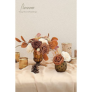 floroom Artificial Flowers 25pcs Real Looking Earth Tones Ombre Colors Foam Fake Roses with Stems for DIY Wedding Bouquets Bridal Shower Centerpieces Party Home Decorations