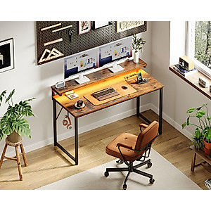 AODK Computer Desk, 48 Inch Gaming Desk with LED Lights and Power Outlet, Office Desk with Adjustable Monitor Shelf (3 Heights), Computer Table Work Desk for Home/Bedroom, Rustic Brown