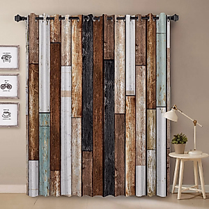 Darkening Blackout Curtain for Bedroom - 96 inch Long Window Treatment Curtain Drapes Modern Art Design for Living Room - Multi-Color Rustic Wood Board Pattern Decoration Design