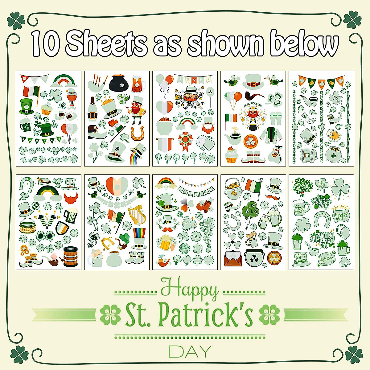 Partywind 200 Styles Luminous St Patrick's Day Temporary Tattoos for Kids Party Favors, Glow Saint Patrick's Day Accessories Decorations, Special Irish Shamrock Stickers for Kids (10 Sheets)
