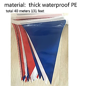 Party Decorations Red White and Blue 40 Meters/131 feet Triangular Outdoor Waterproof Plastic Pennant Banner, Bunting Flags Events Decoration