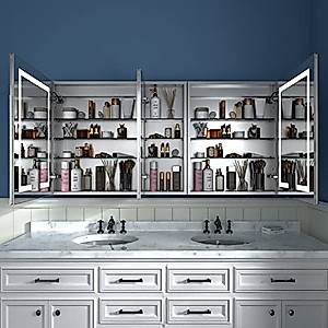 ExBrite LED Lighted Bathroom Medicine Cabinet with Mirror, 60 x 30 Inch, led Medicine Cabinet with Extra Closed Storage Cabinet,Defog, Stepless Dimming,Color Temper Change, 2 Outlets,Storage Shelves