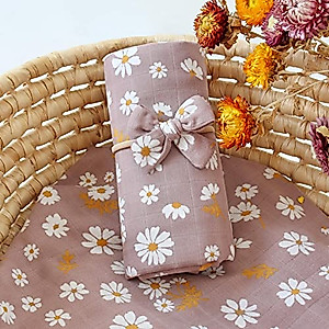 LifeTree Baby Muslin Swaddle Blankets for Boys & Girls, Newborn Swaddle Set with Matching Headband Bow, Neutral Infant Receiving Blanket Swaddle Wrap, 47 x 47 inches, Mauve Daisy, Bamboo Cotton