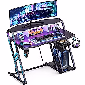 MOTPK Full-Sized Monitor Shelf Gaming Desk with LED Lights 39 Inch, Gaming Table with Storage Shelf, Ergonomic Gamer Desk with Carbon Fiber Texture, Computer Desk with Stable Frame, Black, Gift Idea