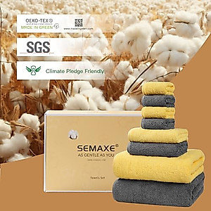 SEMAXE Bath Towel Set for Bathroom, 100% Cotton Bathroom Towels with Hanging Loops and Nano-Bio Lifecycle Labels, 8 Piece Towel Set Include 2 Bath Towels, 2 Hand Towels, 4 Washcloths, Yellow & Grey