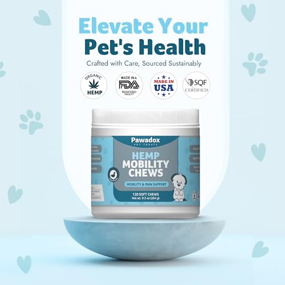 Pawadox - Hemp Joint Chews for Dogs - Mobility Hemp Dog Treats for Hip and Joint Health, Organic Turmeric Supplement for Dog Arthritis Pain Relief- Made in USA, SQF Certified - Duck Flavor,120 Count