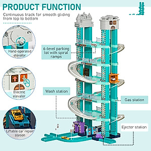 Qaba City Garage Playset with 98 Pieces Accessories Set, 6-Level Car Parking Playsets Toy with Manual and Electric Elevators Wash, Gas, Ejector & Car Repair Station, Gifts for Kids Ages 3-6 Years Old