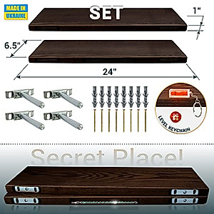 Wood Floating Shelves Set of 2-Rustic Shelf 24 inch Wide Wooden Wall Shelves for Living Room Bedroom Kitchen Bathroom Farmhouse Brown Color 24"x6.5"