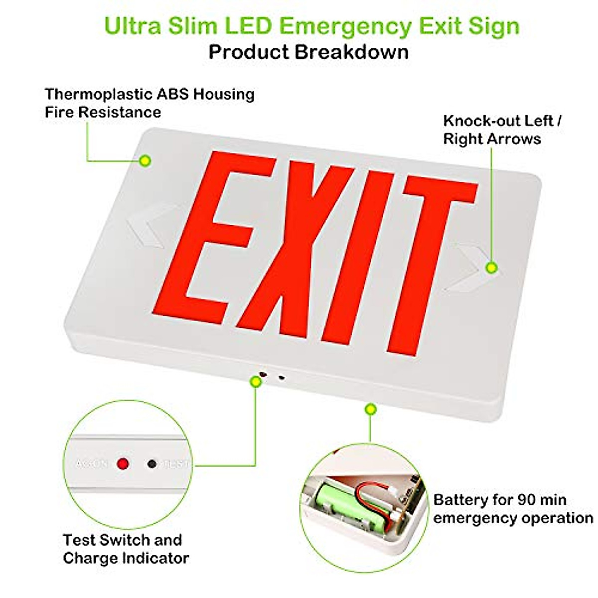 Hykolity LED Exit Sign, Red Letter Emergency Exit Lights, 120V-277V Universal Mounting Double Face - 4 Pack