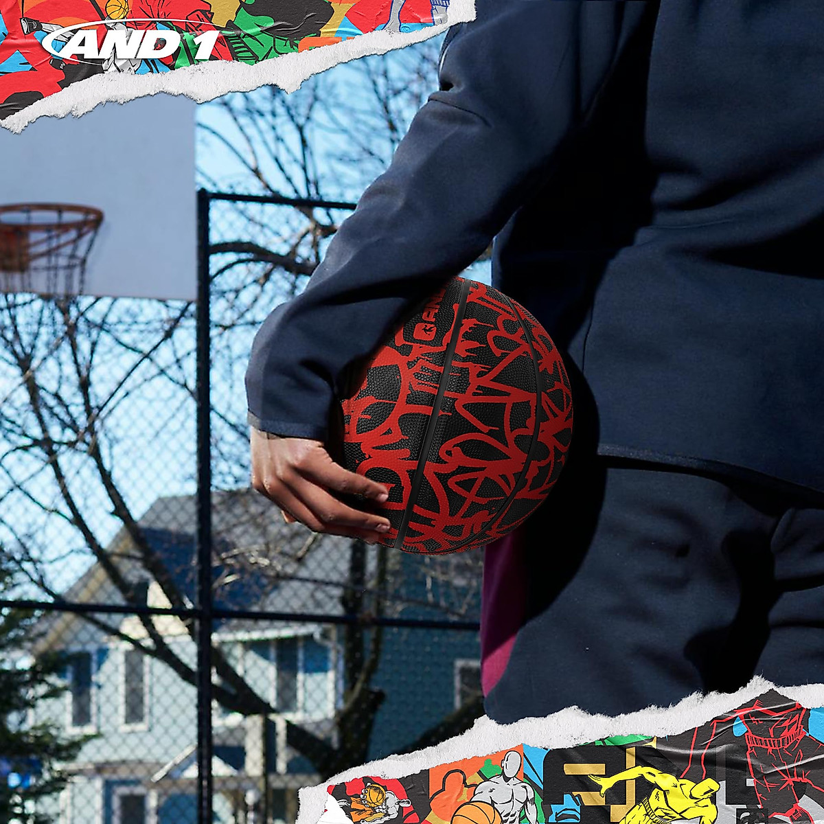 AND1 Fantom Rubber Basketball & Pump (Graffiti Series)- Official Size 7 (29.5”) Streetball, Made for Indoor and Outdoor Basketball Games (Red)