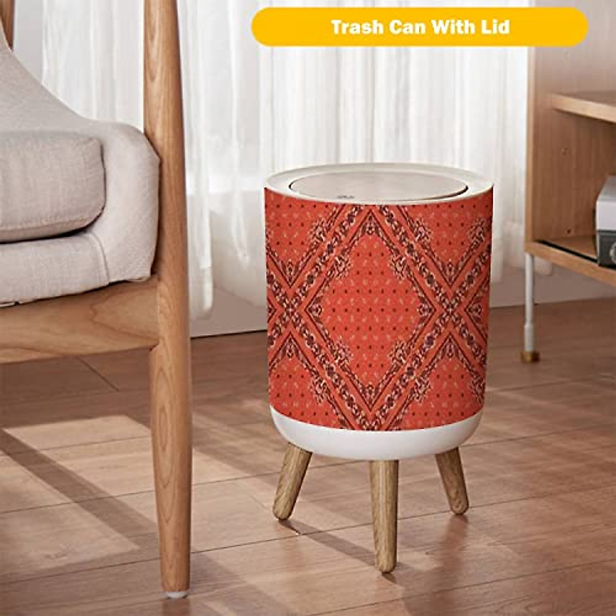 Small Trash Can with Lid Seamless Based on Ornament Paisley Bandana Print Vintage Style Silk Wood Legs Press Cover Garbage Bin Round Waste Bin Wastebasket for Kitchen Bathroom Office 7L/1.8 Gallon