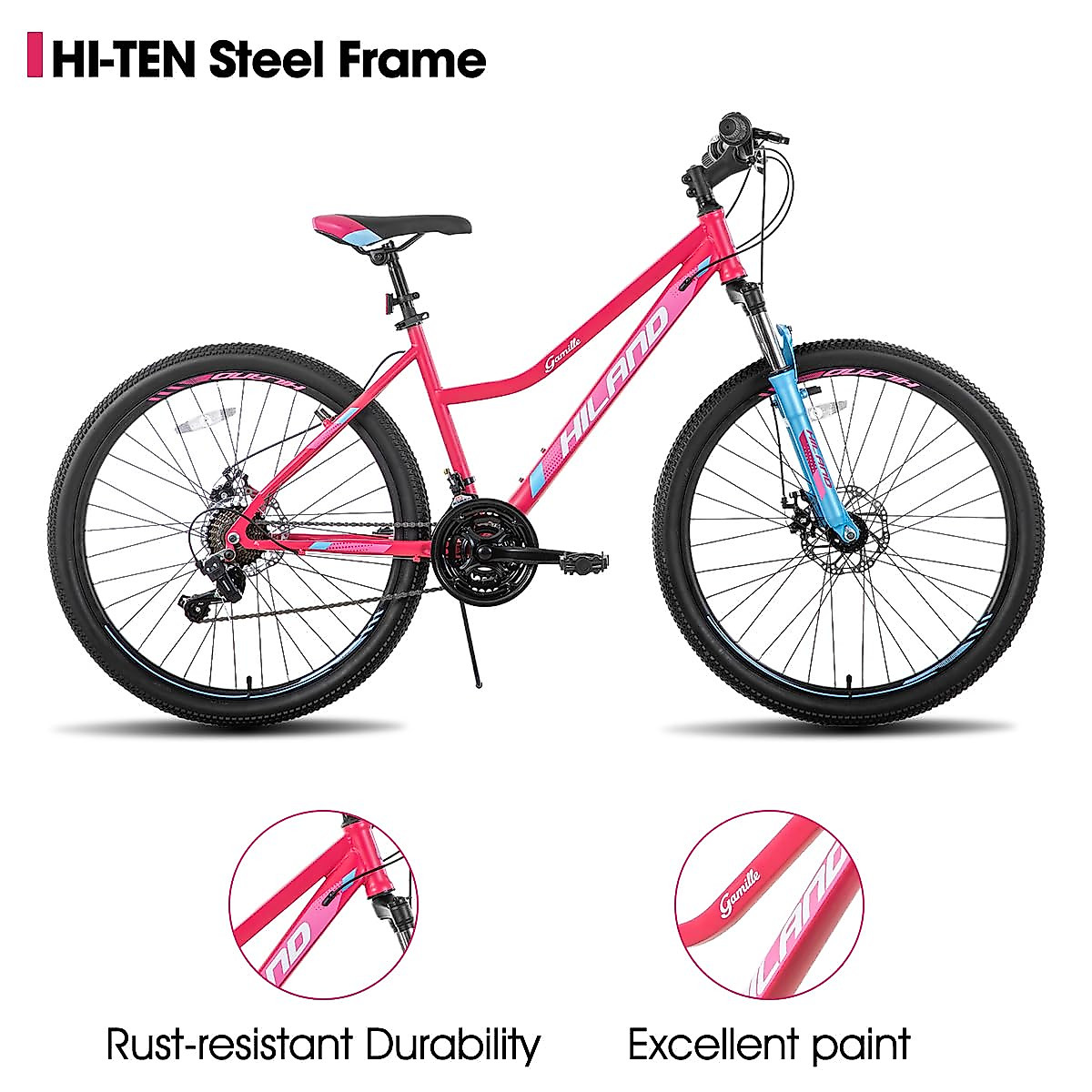 HH HILAND 26 Inch Womens Mountain Bike, with Step-Through Frame, 21 Speeds, Suspension Fork MTB, Bicycle for Women Men Adult Pink