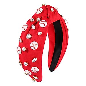 boderier Baseball Headband Hair Accessories Crystal Baseball Embellished Wide Knotted Headband for Women Game Day Accessories Gifts (Red)