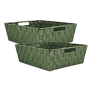 Set of 2 Green Trapezoid Basket Weave Nylon Storage Bin 15"