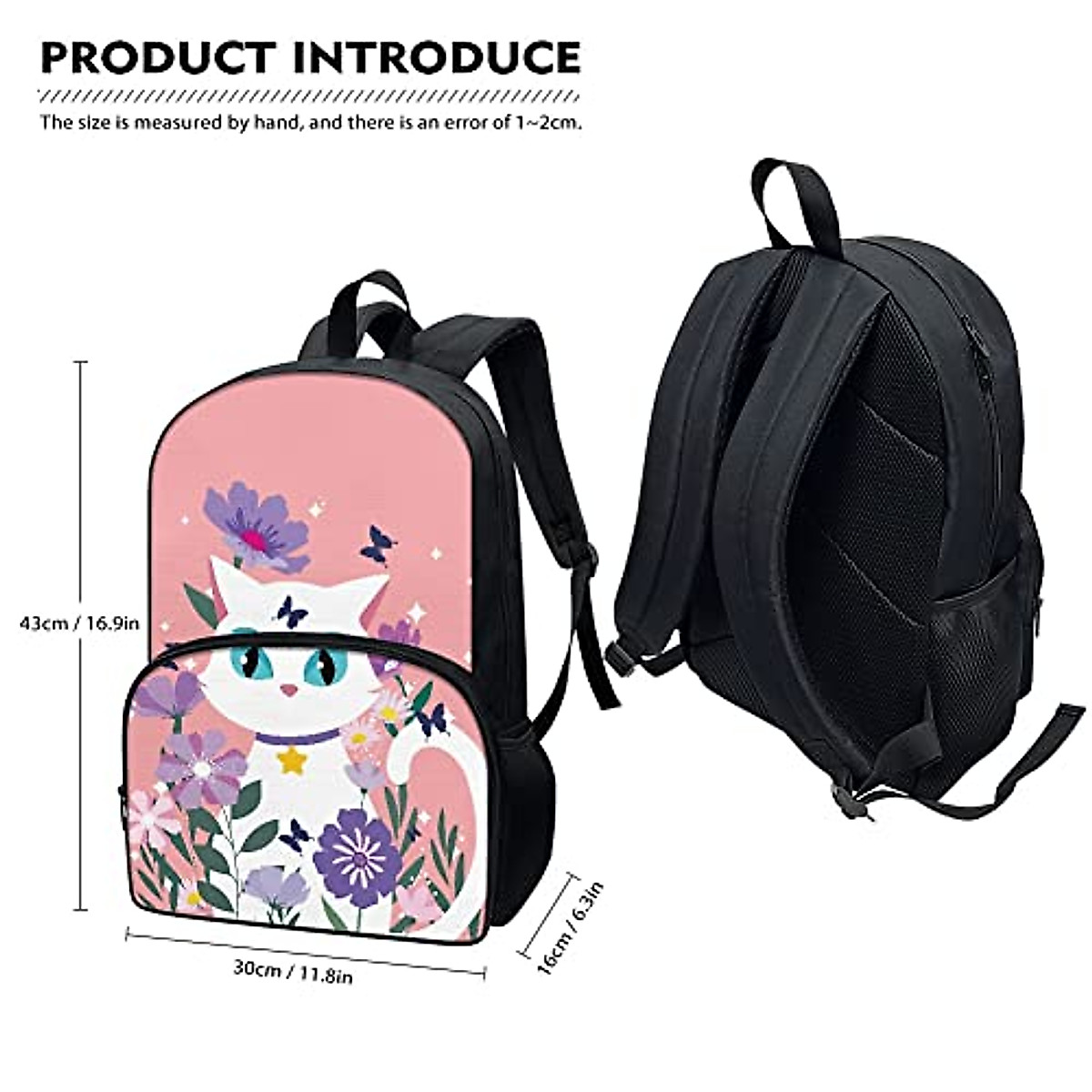 Kawaii White Cat Print Backpack Cute Floral Backpack Pink School Backpack Elementary or Middle School Lightweight Large Capacity Backpack Adjustable Shoulder Strap Bookbags for Girls Boys