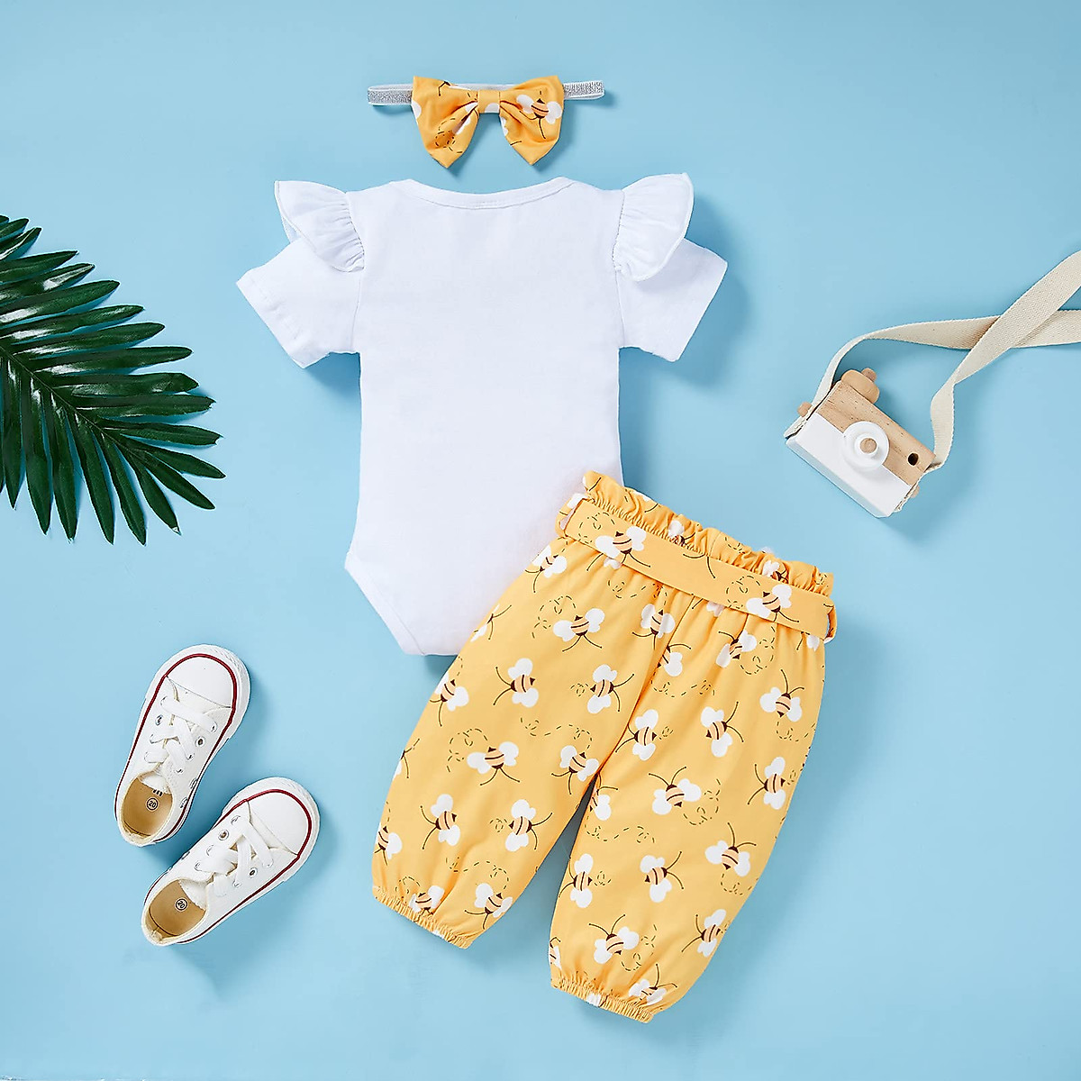 GRNSHTS Infant Baby Girl bumble bee clothes Letter Print Romper Honey Bees Pants Bowknot Headband Outfits Set（Yellow 2, 3-6 Months